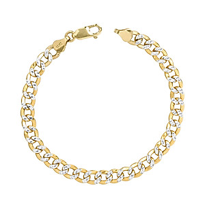 Nuragold 14k Yellow Gold 7mm Cuban Chain Curb Link Diamond Cut Pave Two Tone Bracelet, Mens Womens Jewelry 7" 7.5" 8" 8.5" 9"
