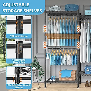 PUNION Portable Wardrobe Rack, 7 Tiers Wire Shelving Black Garment Rack, Compact Extra Large Clothing Racks Metal with 5 Hanging Rods, 1 Pair Side Hooks for Hanging Clothes