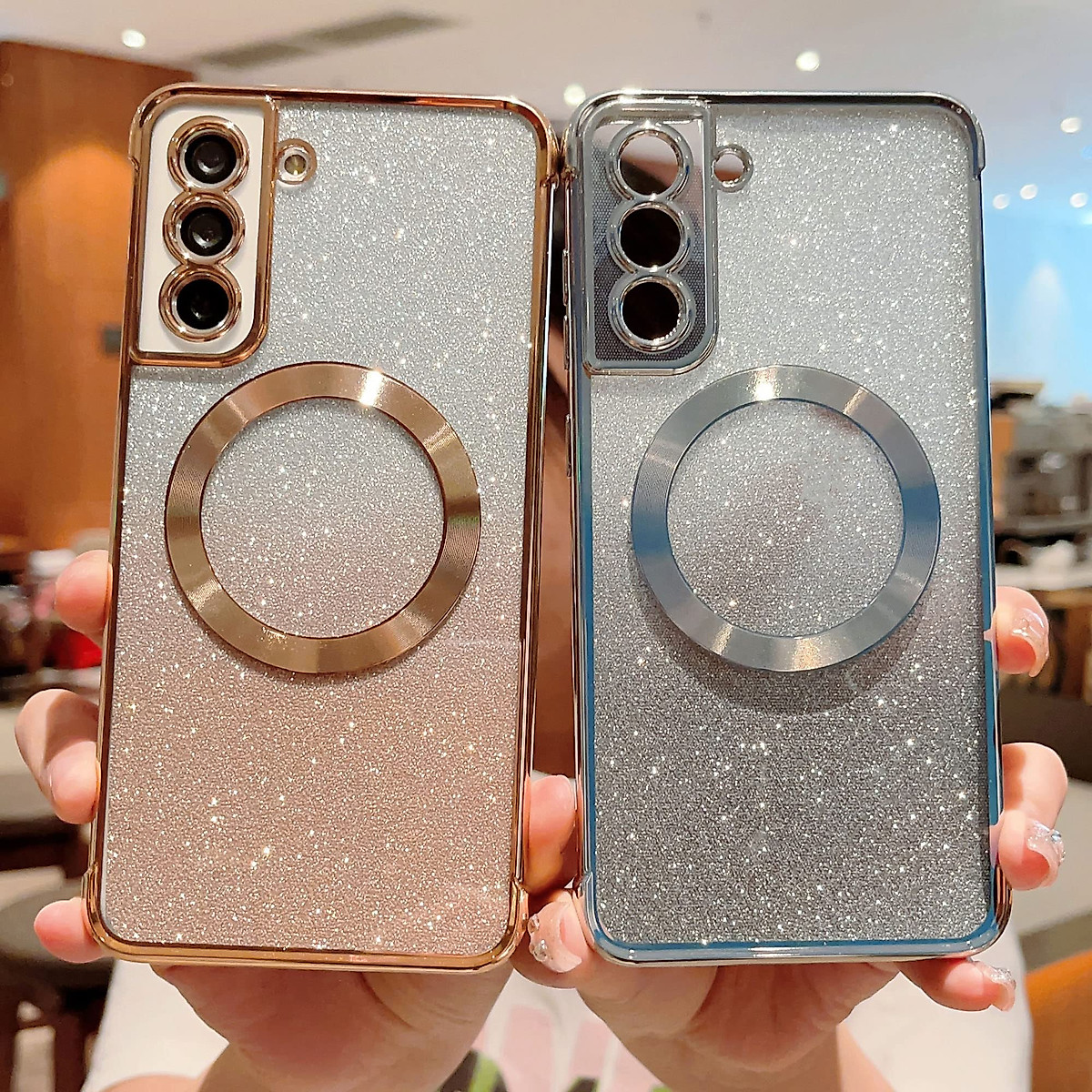 phylla for Samsung Galaxy S21 FE Magnetic Gradient Glitter Phone Case Compatible with Magsafe Luruxy Plated Cute Bling Clear Cover for Women Soft Silicone Shockproof Bumper for S21 FE 5G 6.4” (Gold)