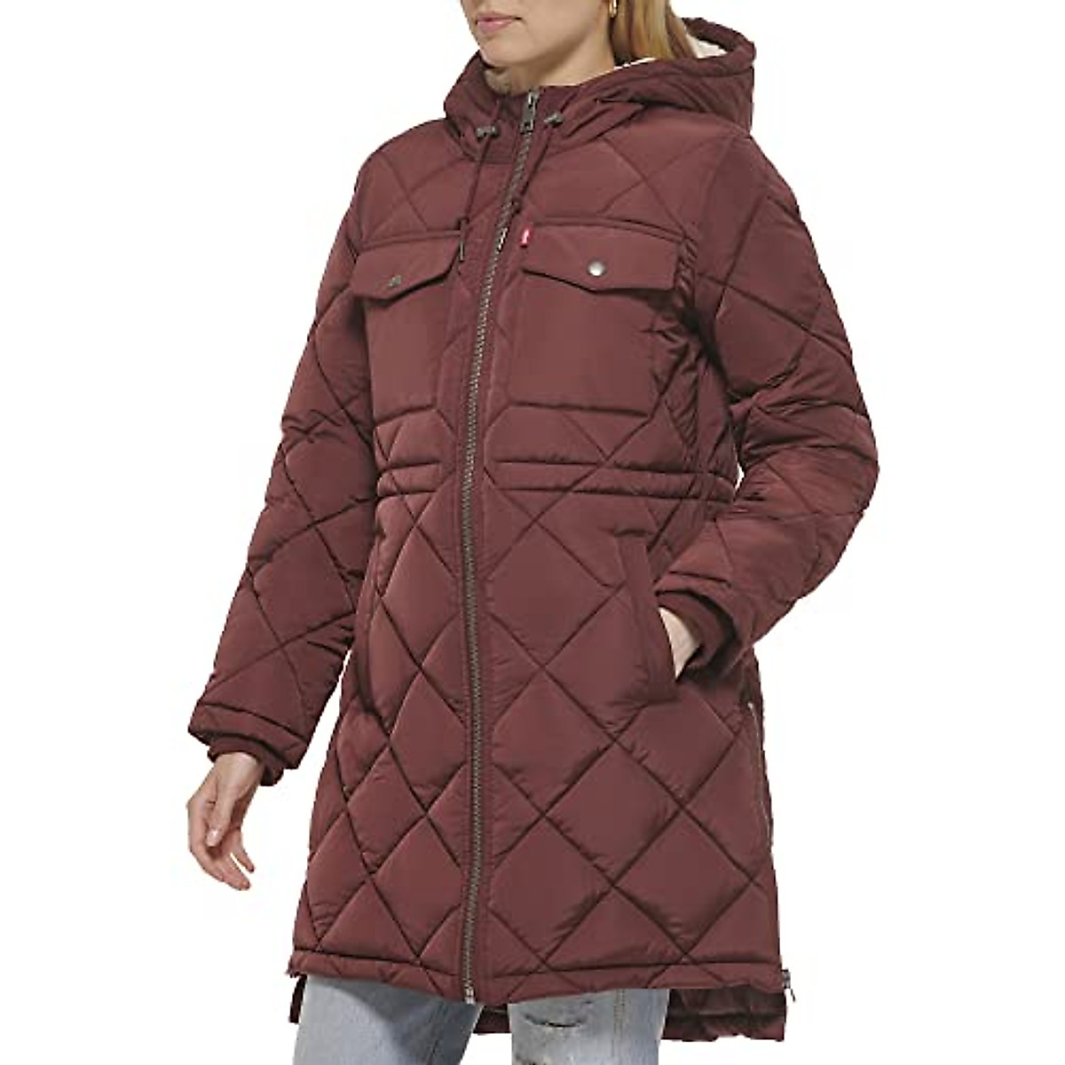 Levi's Women's Soft Sherpa Lined Diamond Quilted Long Parka Jacket (Standard & Plus Sizes), Merlot, Medium