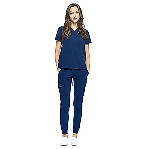 Dagacci Medical Uniform Women and Men Unisex 4-Way Stretch Jogger Scrub Set, Navy, M