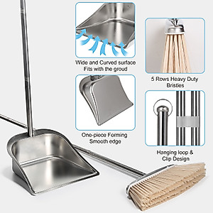 VOOWO Broom and Dustpan Set for Home, Stainless Steel Broom and Dustpan Set with Long Handle, Heavy Duty Dustpan Broom Set Standing Dust Pan Kitchen and Home Indoor Outdoor Broom