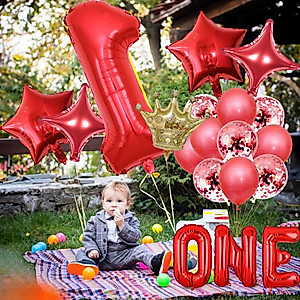 Red One Balloon for First Birthday, Red 1 Balloon with Confetti Balloons Set, Red Star Balloons, Crown Balloons for 1st Birthday Girl Decoration, Number One Balloon for 1st Birthday Balloons Décor