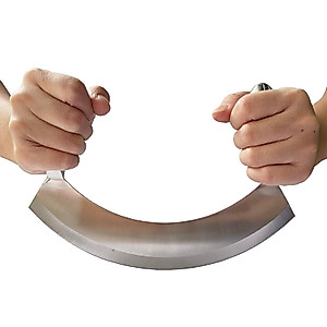 8.7 Inch Stainless Steel Mezzaluna Knife - Salad Chopper Rocker Pizza Cutter Rocker Knife Curved Blade Sharp Blade Double Handle Fruit Vegetable Mincing Knife