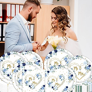24 Guests Mr and Mrs Bridal Shower Party Supplies, Blue and White Flowers Hearts Geometric Party Plates Napkins Forks Set for Couple Wedding Bride to Be Engagement Party Decorations