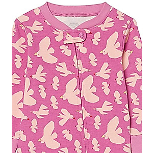 Amazon Essentials Baby Girls' Snug-Fit Cotton Footed Sleeper Pajamas, Pack of 3, Birds, 12 Months
