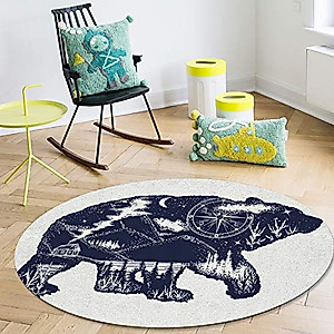 Round Area Rugs 5' in Diameter Anti-Skid Runner Rugs Soft Stain-proof Carpet Bear Double Exposure Tattoo Art Image Great Outdoors Mountains Compass Mat for Bedroom Living Room Kids Nursery Children