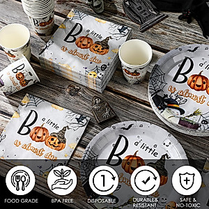 Hushee 200 Pcs Halloween a Little Boo Is Almost Due Baby Shower Paper Plates Napkins Cups Baby Shower Party Supplies Tableware Set Disposable Cup Napkin for 50 Guest Party Decoration