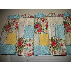 Blue Sweet Rose Patchwork Pioneer Woman Flowers Floral farmhouse window treatment farm kitchen fabric curtain topper Valance matches tablecloth