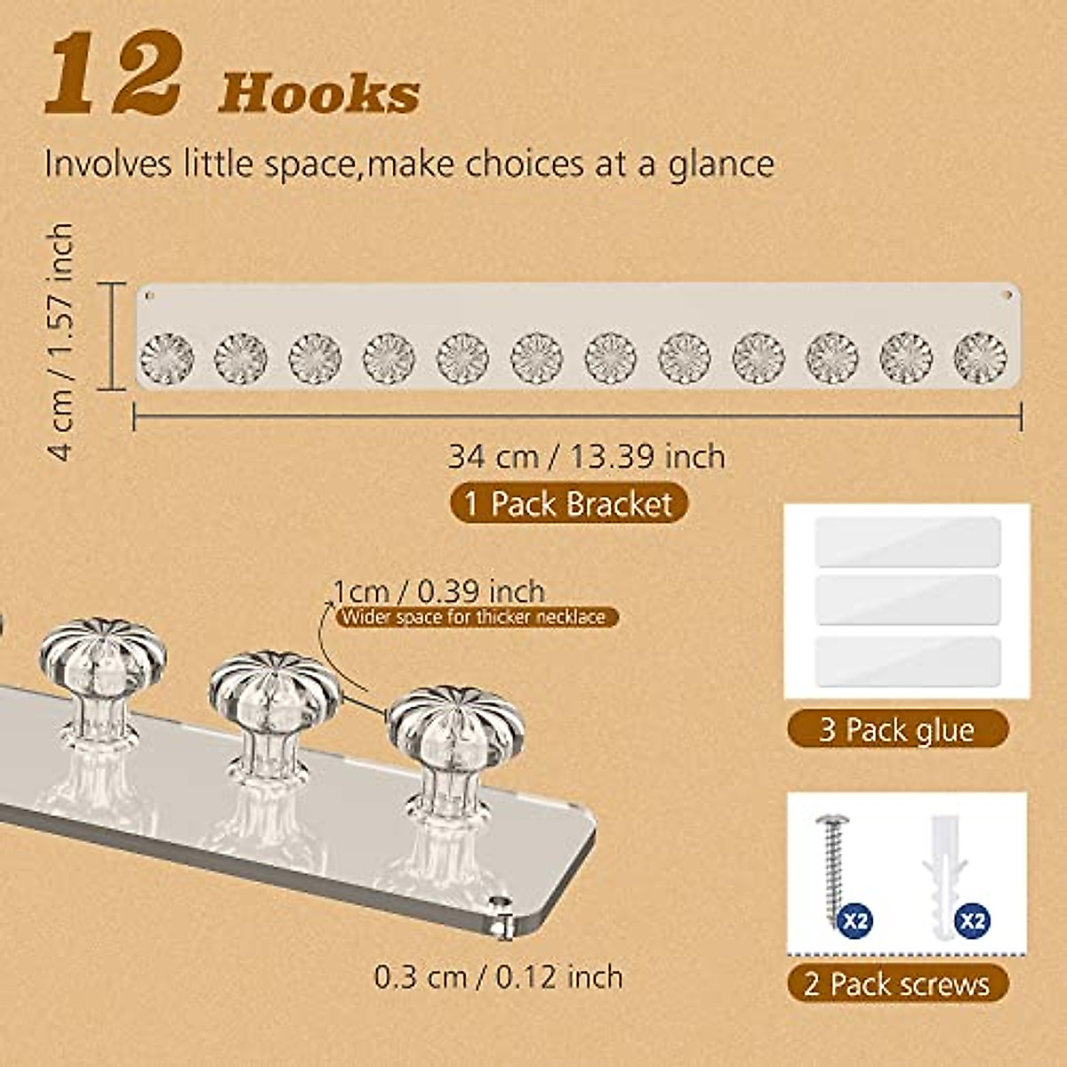 ChengFu Acrylic Urn Necklace Holder, Urn Necklace Hanger, Wall Mounted Jewelry Organizer Hanging with 12 Hooks, Necklace Holder for Urn Necklace