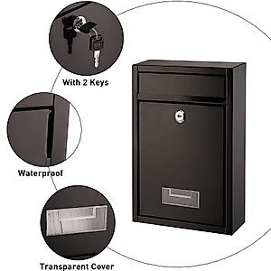 DEAYOU Wall Mount Mailbox, Steel Cover Metal Drop Box, Mail Box with Key Lock, Dropbox with Slot for Envelope, Home, Office Business, Decor, Black