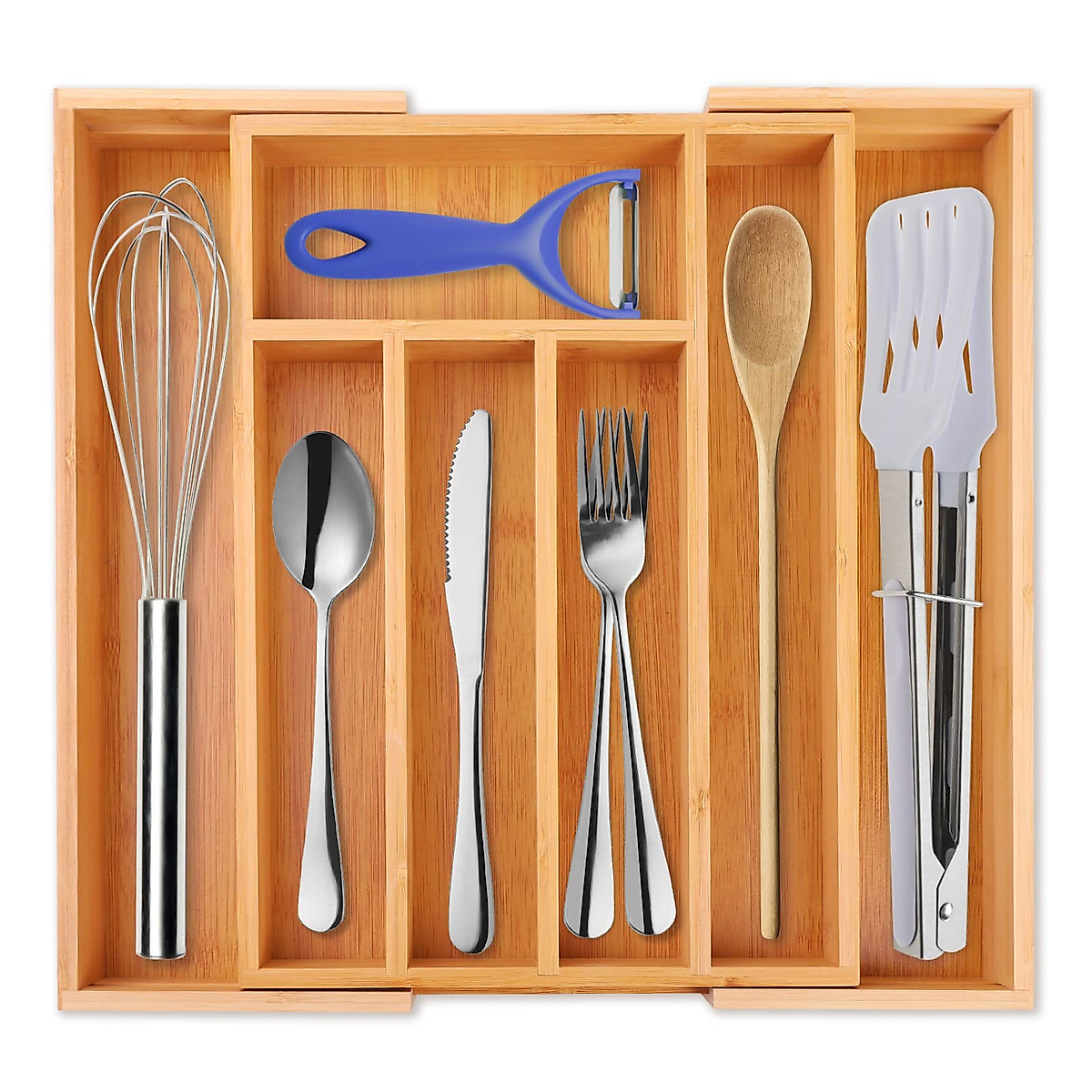 SANPON Bamboo Kitchen Drawer Organizer Expandable Silverware Tray for Drawer Utensil Tray Flatware Drawer Organizer 5-7 Slots