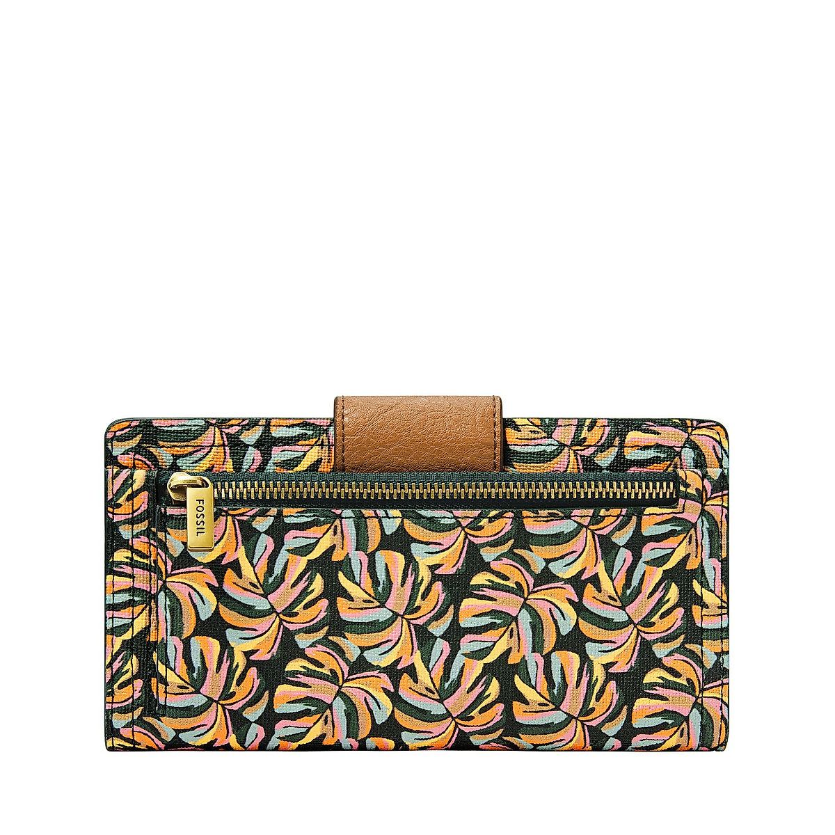 Fossil Women's Logan Faux Leather Wallet RFID Blocking Tab Clutch, Green Multi Palm (Model: SL6585335)