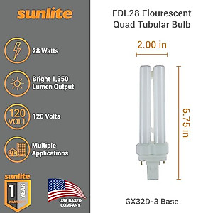 Sunlite FDL28 Fluorescent Quad Tube Plug-in Bulb, 28 Watt, 10,000 Hour Life Span, GX32D-3 Base, 1350 Lumens, for Fluorescent Ceiling Fixtures, Lamps, 5000K Daylight, 1 Pack