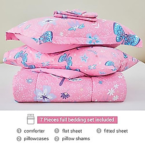 Viviland Full Butterfly Comforter Set for Girls, Kids Pink Brushed Microfiber Full Bedding Set, 7 Pieces Floral Bed in A Bag, Girls Comforters with Sheet Set, Shams, Machine Washable