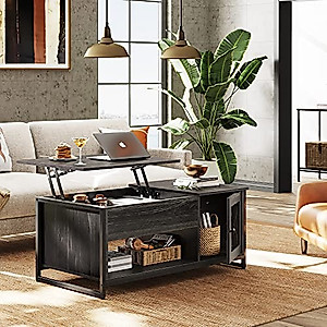 WLIVE Coffee Table for Living Room,Lift Top Coffee Table with Storage,Hidden Compartment and Metal Mesh Door Cabinet,Black,Wood
