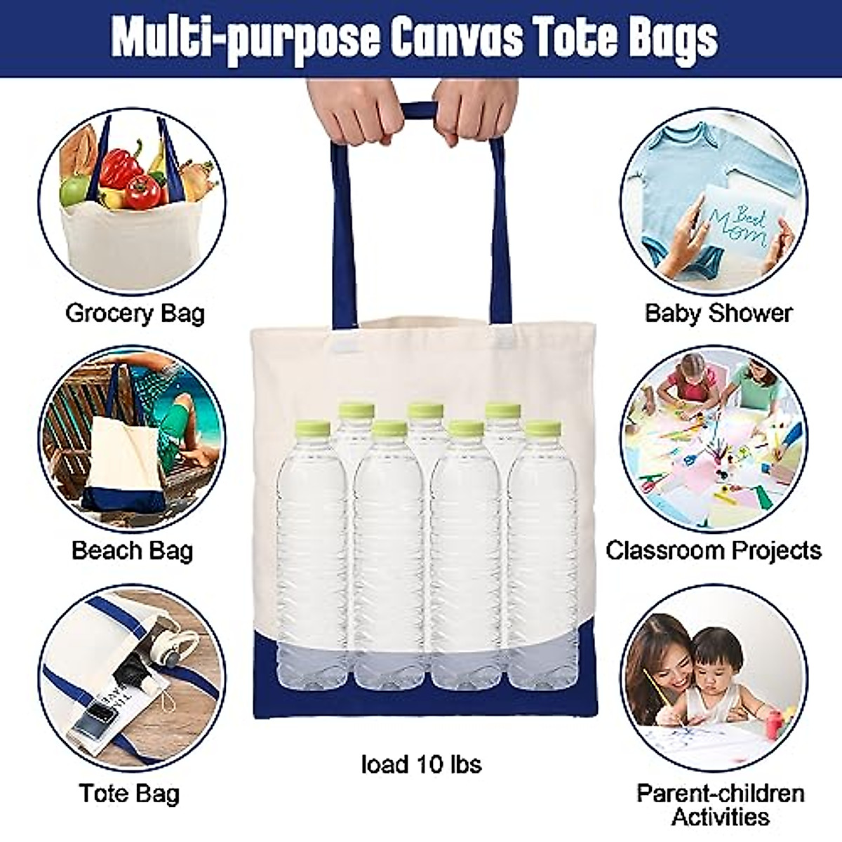 Roowest 60 Pcs Employee Appreciation Gifts Cotton Canvas Tote Bags Bulk Reusable Grocery Shopping Cloth Bags for Womens DIY(Blue and White)