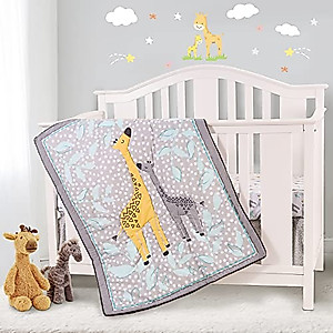 Honkaii Crib Bedding Set for Boys or Girls 3 Piece, Crib Sheet, Crib Skirt, Crib Comforter Included, Grey Crib Set for Boys, 100% Cotton Baby Nursery Bedding Decor, Jungle Giraffe Theme