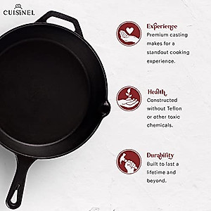 Cuisinel Cast Iron Skillets Set - 10" + 12"-Inch Pre-Seasoned Frying Pans + Removable Silicone Handle Holder Grips + Pan Scraper - Oven-Safe Cookware Kit + Accessories + Handle Helper