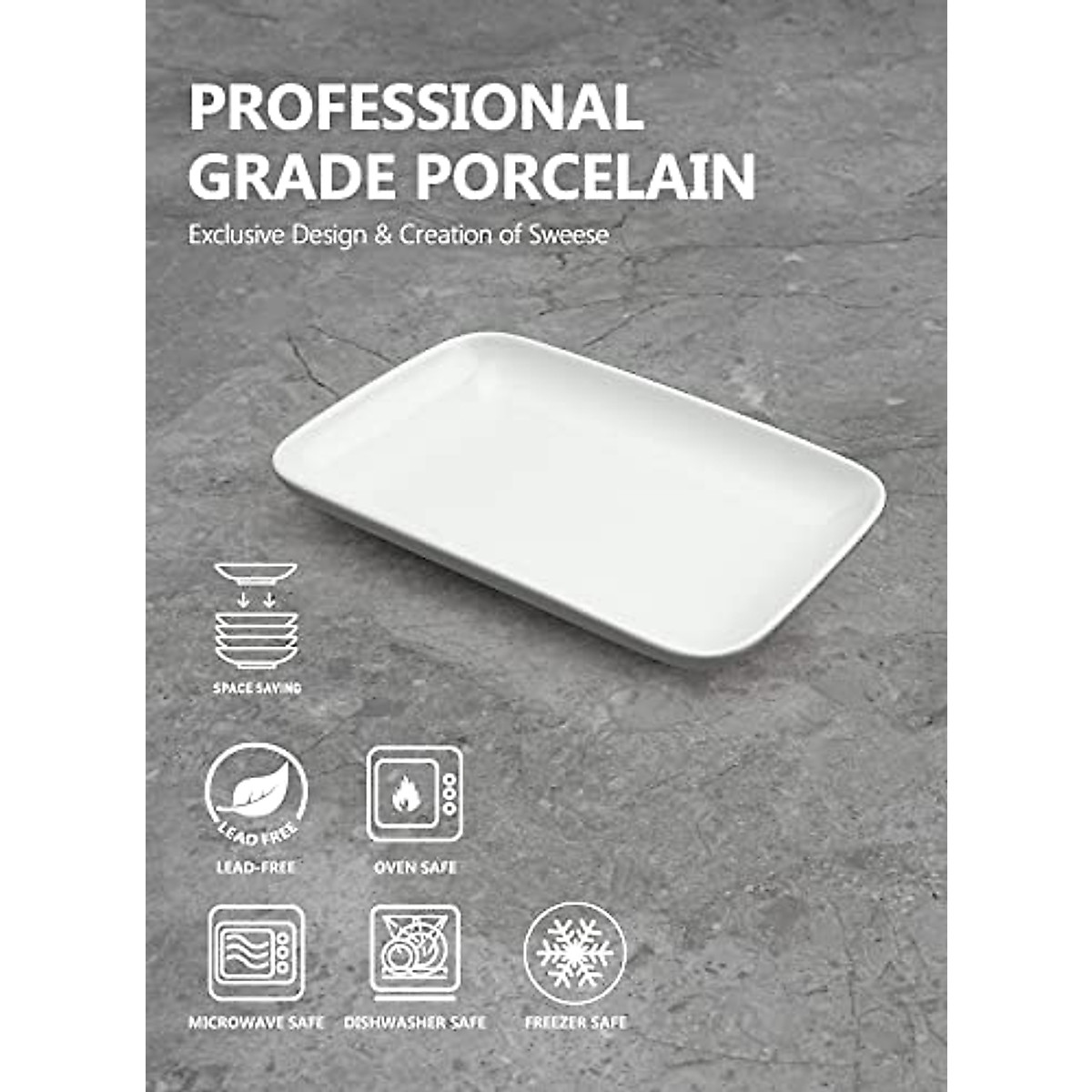 Sweese 8 Inch Rectangular Salad Plates, Porcelain Dessert Plates, Small White Serving Trays for Salad, Fruit, Sushi Appetizer and Parties - Stackable, Set of 6, White