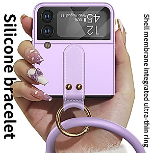 BAILI Samsung Z Flip4 Case with Ring and Silicone Bracelet, Galaxy Z Flip 4 Cover Ultra-Thin Protective Cover with Silicone Wristband Built-in Small Screen Shell Film for Samsung Galaxy Z Flip4-Black
