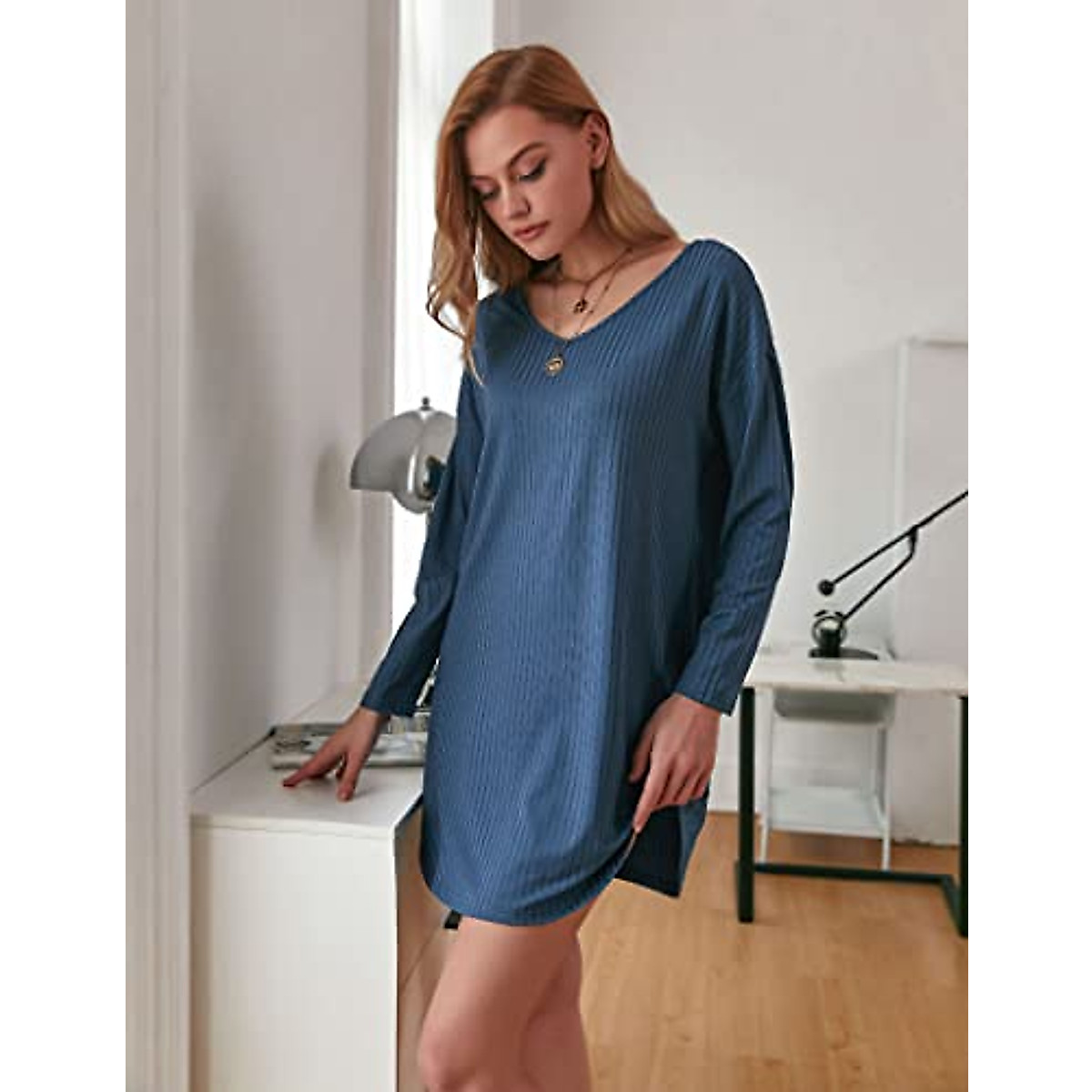 Ekouaer Womens Night Shirts V Neck Sleep Shirt Long Sleeve Tshirt Nightgowns Oversized Shirt Dress(Navy Blue,Large)