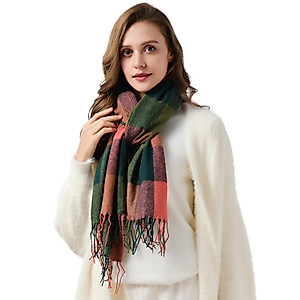 Scarf for Women - Women's Fall Winter Scarfs, Classical Scottish Checked Long Shawl Wrap Scarf, Soft and Warm Cashmere Scarf, Scarves for Women Lightweight- Pink & Green