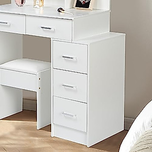 Buildonely Hollywood Girls Vanity Set with 5 Storage Drawers, Makeup Table Set with Wide Desktop and Cushioned Stool, Dressing Desk White Vanity Mirror with Lights for Bedroom