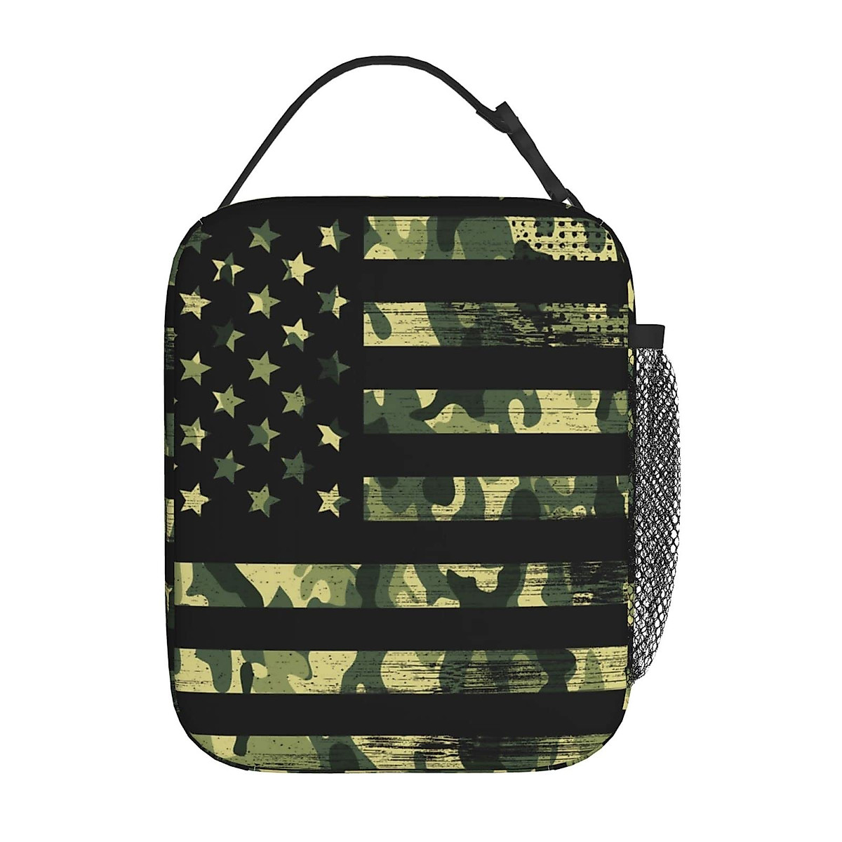 vlaxwaif American Flag With Green Camo Lunch Bag Insulated Lunch Box For Women Men,Durable Portable Adult Cooler Lunch Tote Boys Girls Lunchbox With Side Pocket For Work Office School