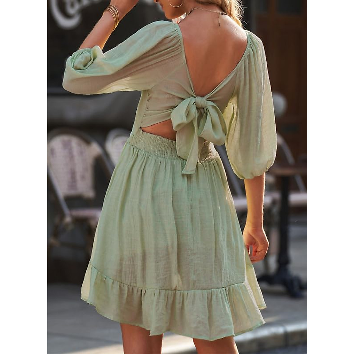 Dokotoo Beach Vacation Essentials Shirred Elastic Waist Square Neck Summer Dress for Women Tie Back Long Lantern Sleeve Ruffle A-Line Sexy Dress Casual Mini Dress Light Green Medium