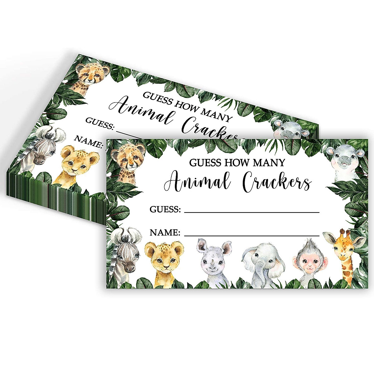 Yuzioey Safari Guess How Many Animal Crackers Guessing Game, Jungle Animals Guessing Game Cards, 50 Cards and Matching Sign, Safari Animals Baby Shower Game