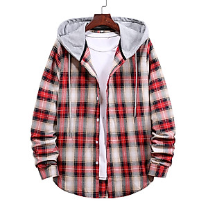 Willisos Hoodies for Men,Men's Plaid Hooded Shirts Casual Long Sleeve Lightweight Shirt Jackets Fashion Button Shirts Outwear