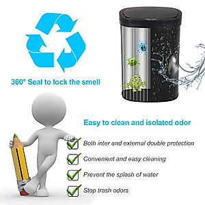 13 Gallon Touch Free Automatic Stainless Steel Trash Can Garbage Can Metal Trash Bin with Lid for Kitchen Living Room Office Bathroom, Electronic Motion Sensor Automatic Trash Can - Black