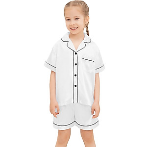 SWOMOG Toddler Girls Boys Silk Pj Cute Short Sleeve Button-Down Pajamas Set Nightwear Lounge Sets with Shorts White