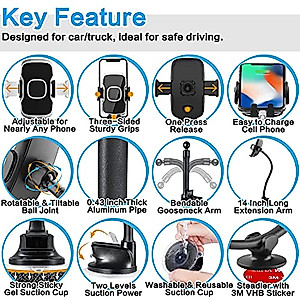1Zero Solid Car Truck Phone Mount Holder with 14-Inch Gooseneck Long Arm, Windshield Window Mobile Holders w/Industrial-Strength Suction Cup, Anti-Shake Stabilizer Compatible All Cell Phones iPhone
