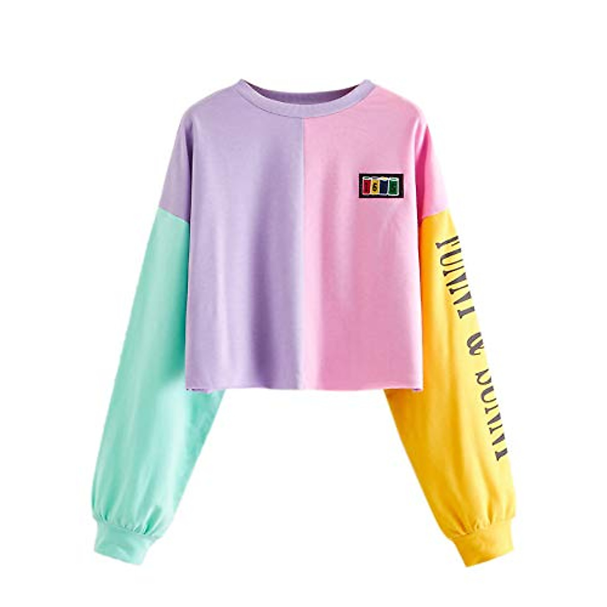 SweatyRocks Women's Pullover Letter Print Color Block Long Sleeve Crop Top Sweatshirt Multi-1 Small