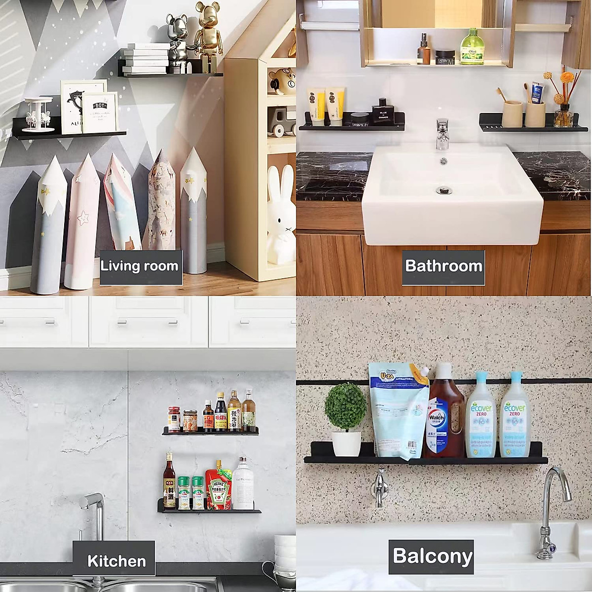 lifewinimall Shower Shelf No Drilling 2 Pack，Metal Kitchen Shelves Wall Mounted，Bathroom Countertop Organizer，Black Floating Shelf Organizer for Bathroom & Kitchen Storage (Black 40m)