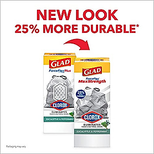 Glad ForceFlex MaxStrength with Clorox Tall Kitchen Drawstring Trash Bags, 13 Gallon Grey Trash Bags, Eucalyptus and Peppermint Scent, 90 Count