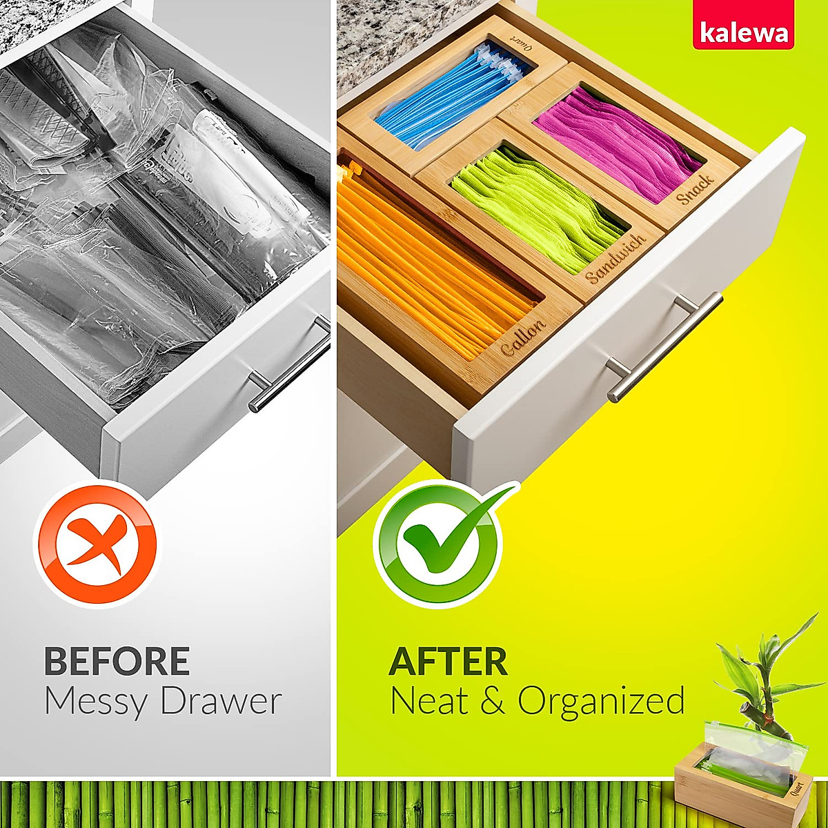 KALEWA Wooden Ziplock Bag Organizer for Drawer - Bamboo Kitchen Accessories Set - Storage Bag Organizer Kitchen Drawer Compatible with Ziploc, Hefty for Gallon, Quart, Sandwich, Snack