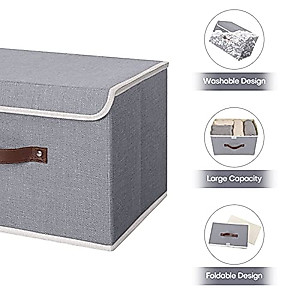 ANMINY Storage Bin with Lid Storage Boxes with PU Leather Handles PP Plastic Board Decorative Foldable Lidded Cotton Linen Fabric Home Cubes Baskets Closet Organizer Container - Gray, Large Size