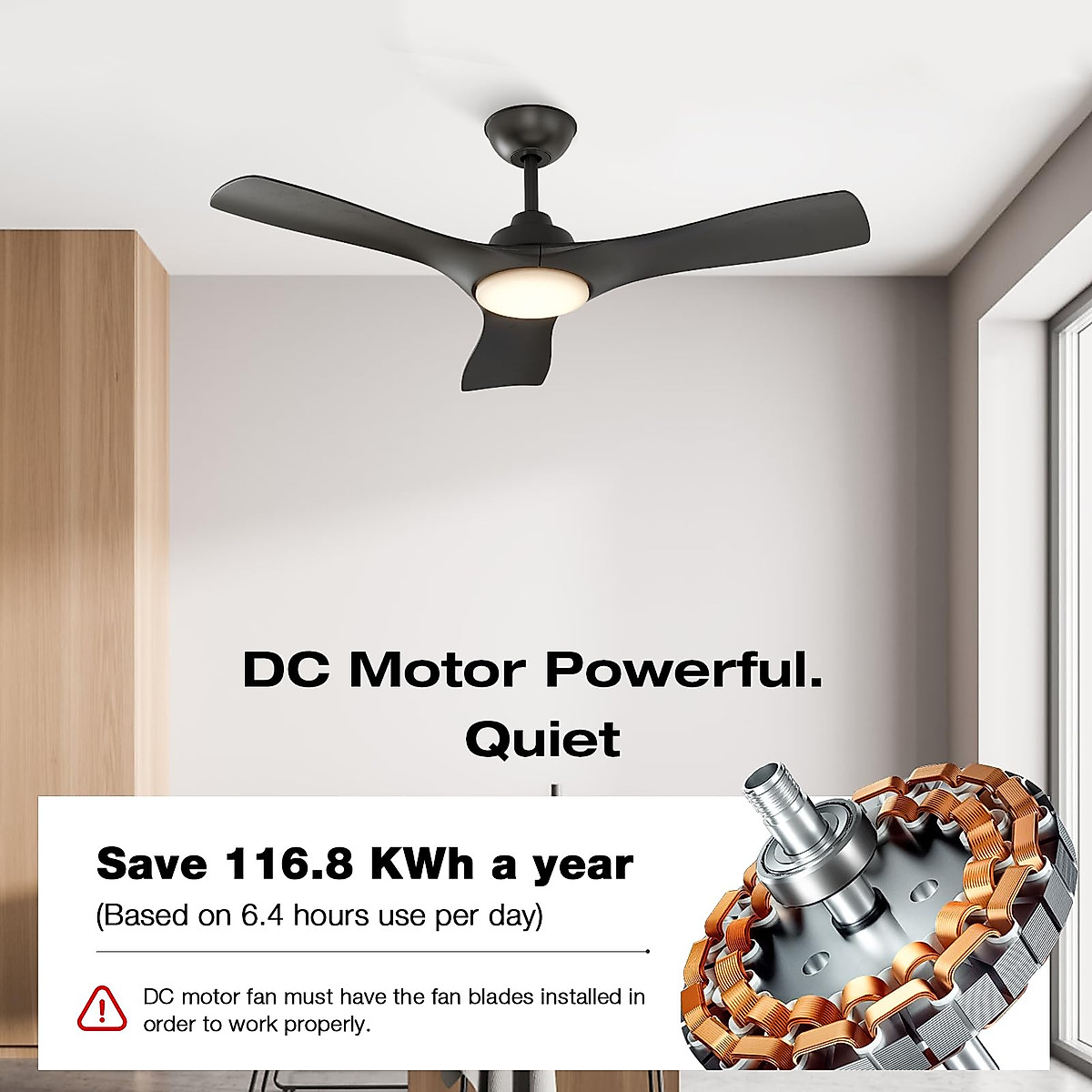warmiplanet Ceiling Fan with Lights Remote Control, 42-Inch, DC Motor, 6 Speed, Dimmable LED Light, Black, 3-Blades
