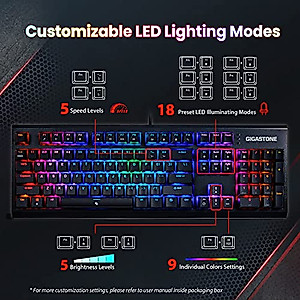 Gigastone Mechanical Keyboard, RGB Gaming Brown Switch, LED Rainbow Backlit Wired Gaming Keyboard, Precise Tactile Feedback, Full Anti-Ghosting, Full Size 104 Keys, Black GK-12
