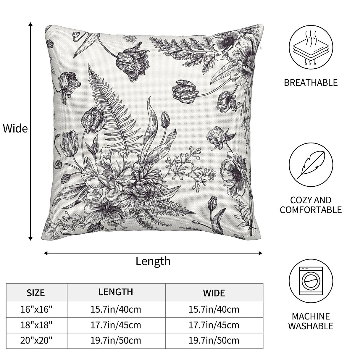 ChangQingArt Floral Pattern Bouquets of Spring Flowers Black and White Cotton Linen Square Throw Waist Pillow Case Decorative Cushion Cover Pillowcase Sofa 20"x 20"