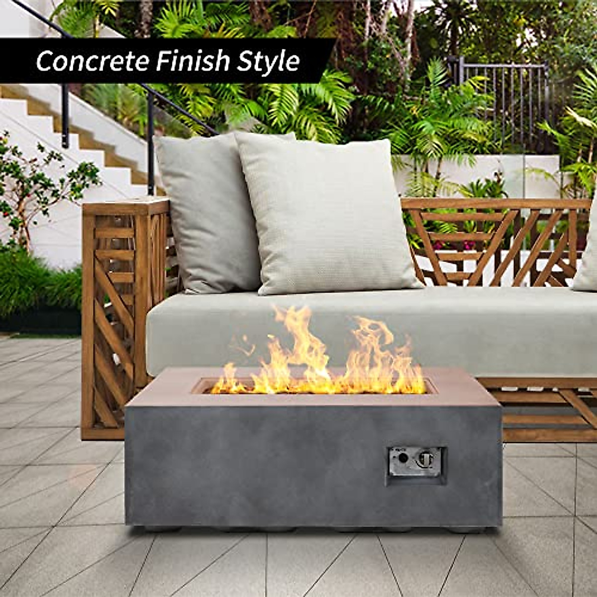 Kante 42 Inches Outdoor Propane Fire Pit Table, Rectangular Concrete Smokeless Gas Fire Pit Table for Patio Garden, 50,000 BTU Stainless Steel Burner, Waterproof Cover, Natural Concrete (A-R01-81921)