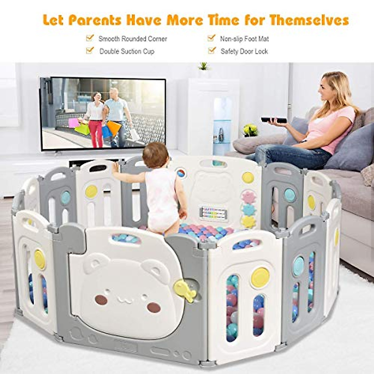 Costzon Baby Playpen, 14 Panel Foldable Thicken Kids Safety Play Fence with Storage Bag, Door with Safety Lock, 14 Rubber Suction Cups, HDPE Material BPA Free, Adjustable Shape, for Indoor Outdoor