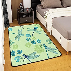 Erosebridal Dragonfly Area Rug 5x7 for Living Room Bedroom, Blue Dragonflies Non Slip Rugs, Botanical Floral Washable Carpet for Lady Girls Women, Flying Animals Wild Animals Indoor Floor Mat, Green
