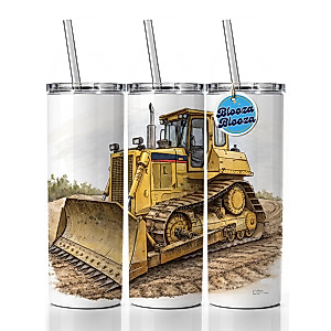 Yellow Bulldozer Construction Equipment Skinny Tumbler 20oz with Straw Insulated Water Bottle Gift