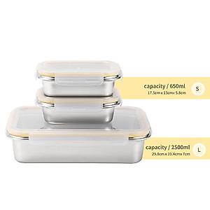 GEEJA 18/8 Stainless Steel Food Storage Containers, Meal Prep Lunch Box, Baking Pan, Stackable Bento Box, Metal Set of 3 (1PC 84oz + 2PC 21oz)