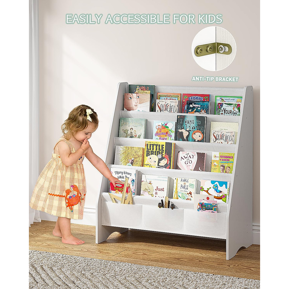 SEIRIONE Sturdy Kids Bookshelf, Book Shelf for Kids Room with Tear-Proof Oxford Sling, Eco-Safe Toddler Bookshelf, Childrens Bookshelf with Ideal Height for Quick Book Access, White/Wood Texture