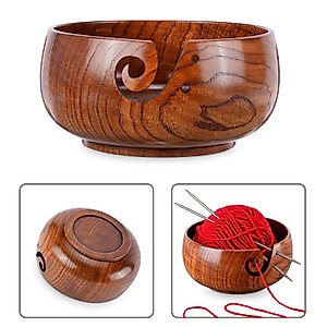 Wooden Yarn Bowl, Knitting Yarn Bowl with Holes Storage Handmade to Prevent Slipping, Perfect Yarn Holder Bowl for Crocheting and Knitting Mothers Day Gift 6" x 3"